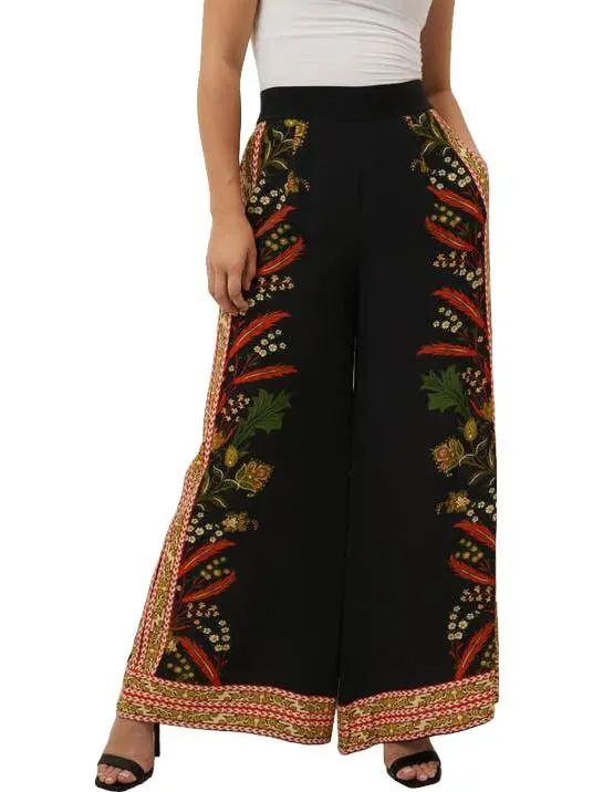 RAISHMA Reyna Wide-leg Trousers With Floral Embroidery - Botanical