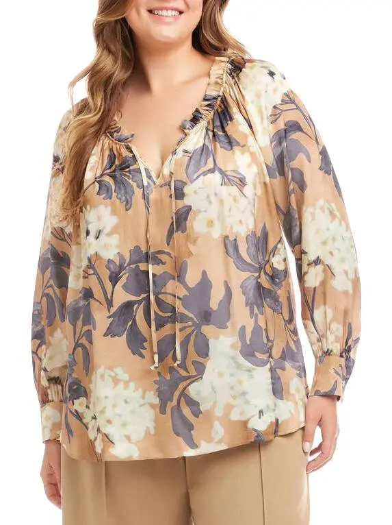 Karen Kane Floral Gathered Neck Satin Peasant Top - Floral Print