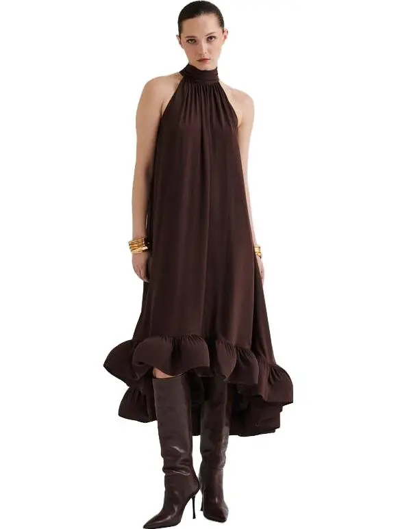MALINA Sabrina Halterneck Ruffled Midi Dress - Chocolate