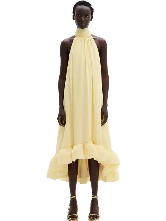 MALINA Sabrina Halterneck Ruffled Midi Dress - Light Lemon