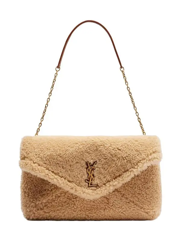Saint Laurent Cassandre Envelope Shearling Shoulder Bag - Beige