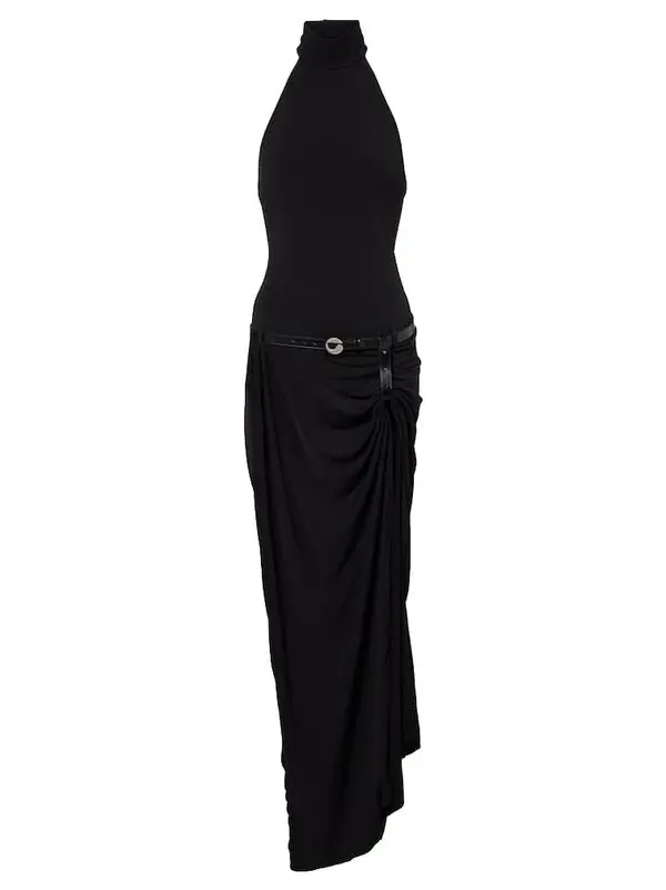 Coperni Belted Asymmetric Draped Halterneck Maxi Dress - Black