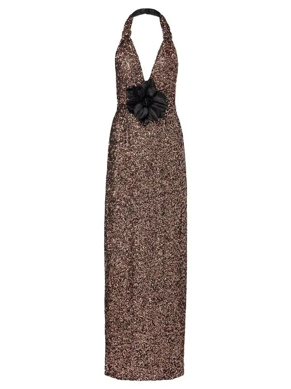 Dolce & Gabbana Floral-appliqué Sequined Halterneck Gown - Brown