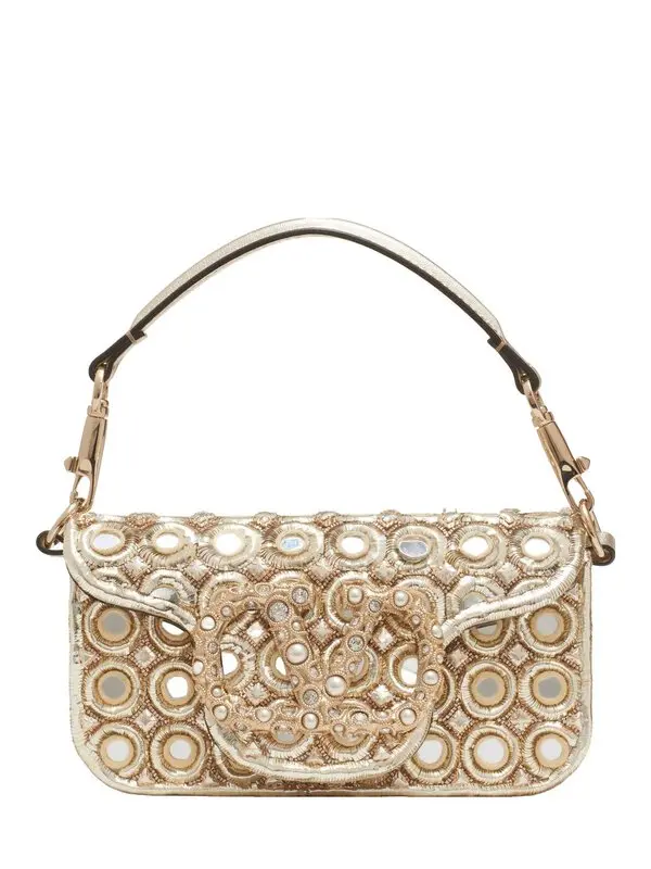Valentino Garavani Locò Beaded Leather Shoulder Bag - Old Silver/sahara Beige