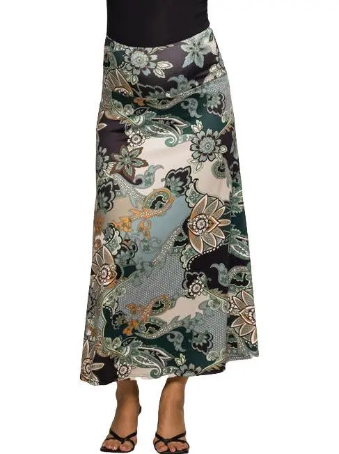 24SEVEN COMFORT APPAREL Paisley Print Maternity Maxi Skirt - Green Multi