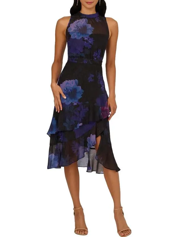 Adrianna Papell Floral Ruffle Midi Dress - Black Multi