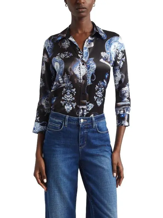 L'Agence Dani Pottery Print Silk Shirt - Black/blue Porcelain Print