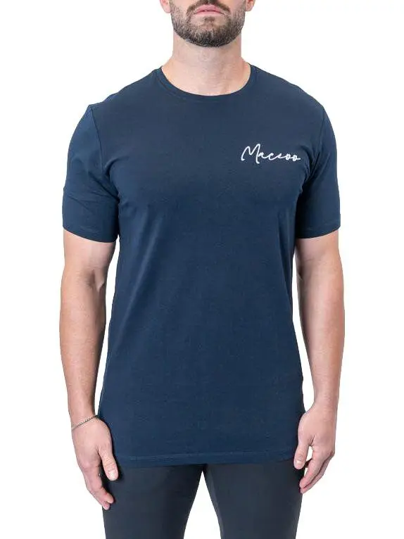 MACEOO Siganture Nay Logo Embroidered Stretch Cotton T-shirt - Blue