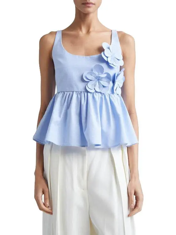 Stine Goya 3d Flower Sleeveless Organic Cotton Peplum Top - Brunnera Blue
