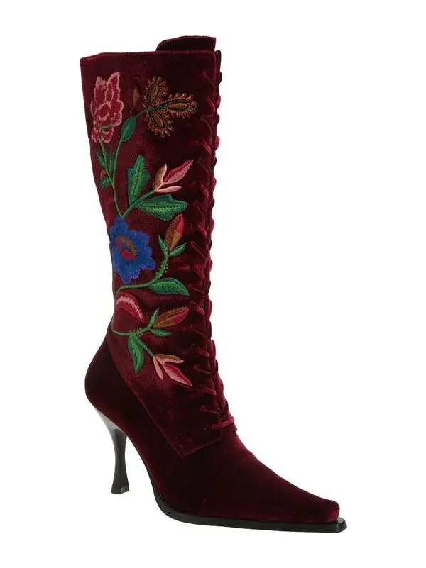 Jeffrey Campbell Joyeux Floral Lace-up Knee High Boots - Wine Velvet Floral Multi