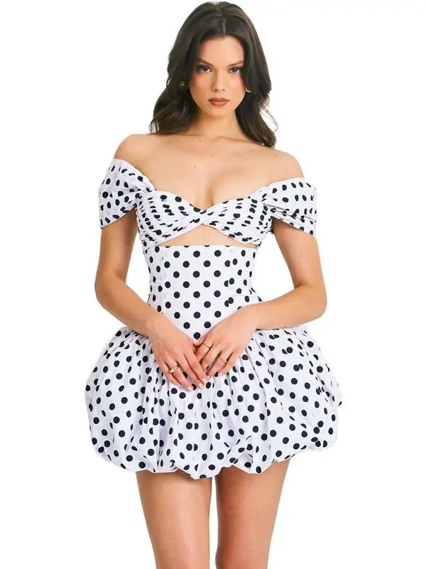 MISS CIRCLE Umika Polka Dot Bubble Hem Mini Dress - White Polka Dot