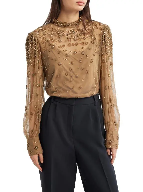 Farm Rio Embroidered Tulle Lined Blouse - Caramel