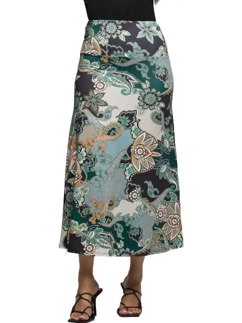 24SEVEN COMFORT APPAREL Paisley Print Maxi Skirt - Green Multi
