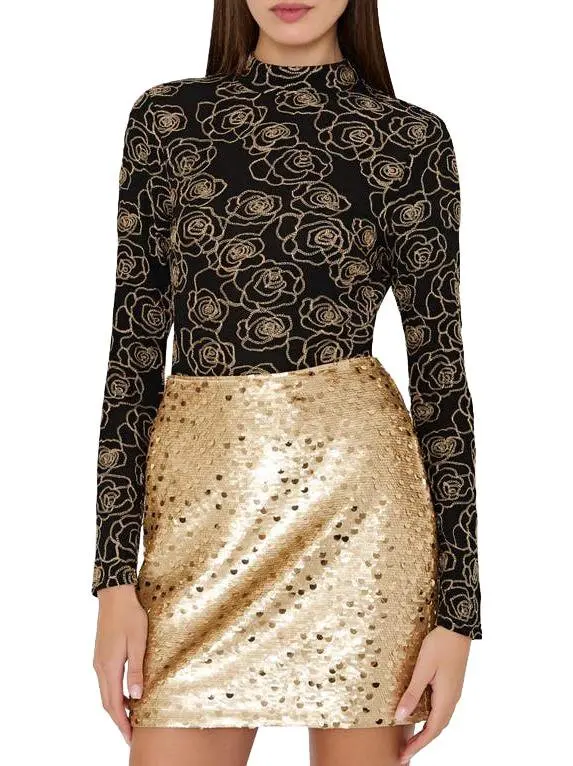 MILLY Metallic Mock Neck Mesh Top - Black/gold
