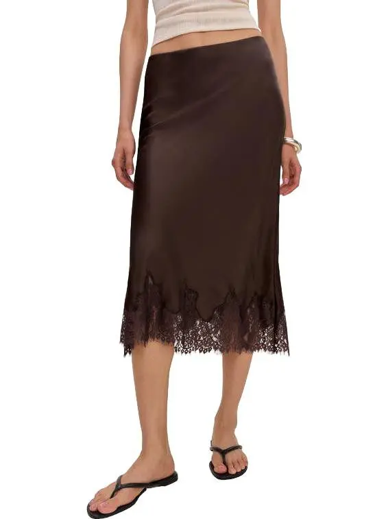 REFORMATION Carolina Lace Trim Silk Midi Skirt - Black Bean