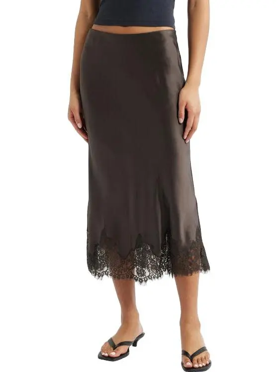 REFORMATION Carolina Lace Trim Silk Midi Skirt - Black Pearl