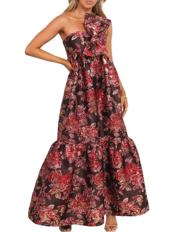 PETAL & PUP Betina Bow Front One-shoulder Maxi Dress - Brown Floral