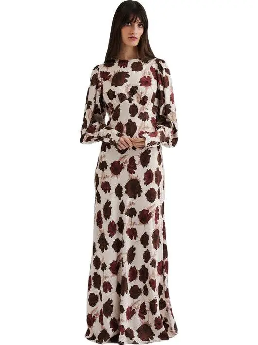 MALINA Alize Long-sleeved Satin Maxi Dress - Wine Peony