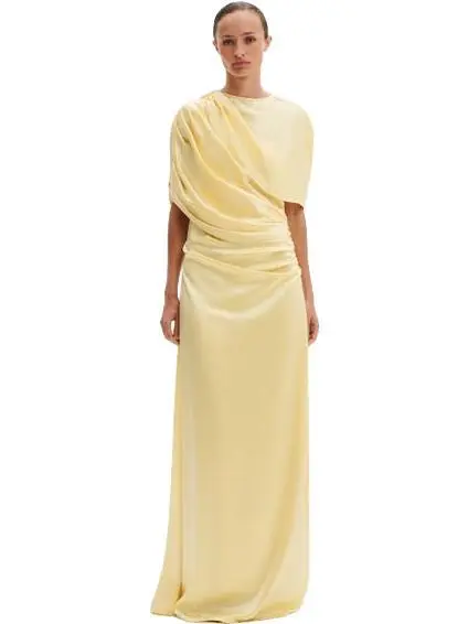 MALINA Cassia Draped Fitted Maxi Dress - Light Lemon