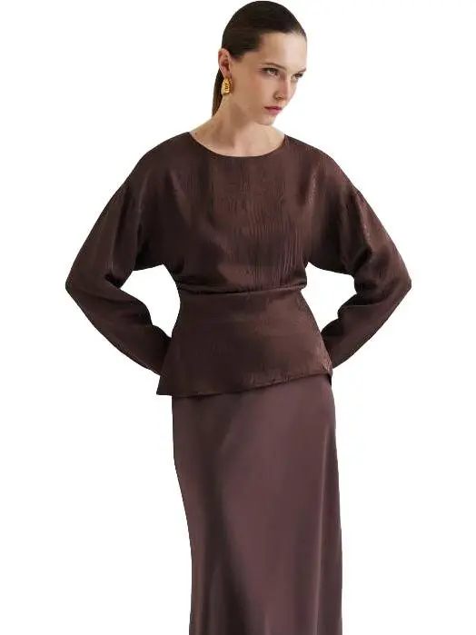 MALINA Rosalie Jacquard Weave Satin Blouse - Chocolate