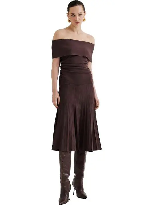 MALINA Althena Off-shoulder Knitted Midi Dress - Chocolate