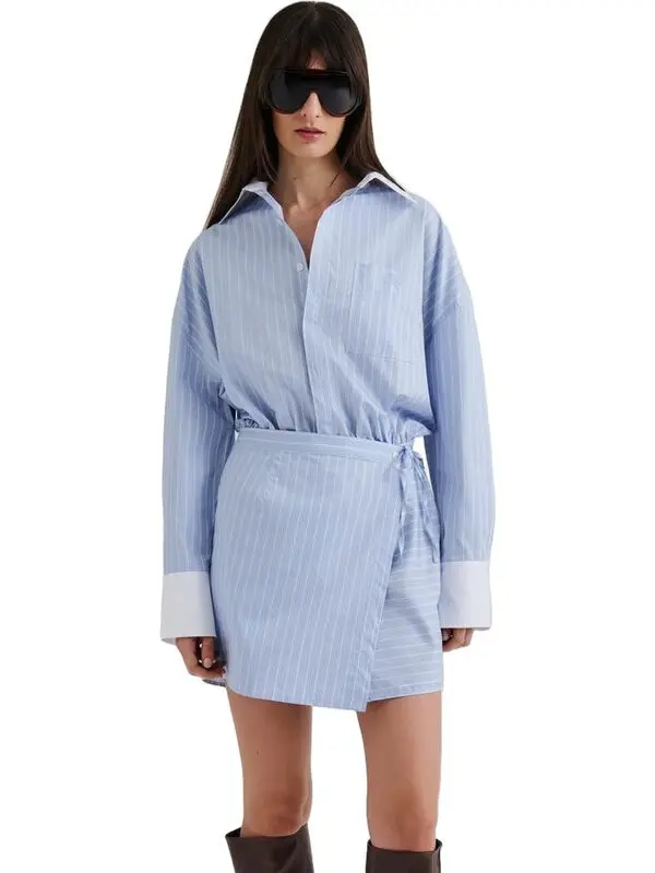 MALINA Portea Wrapped Long Sleeve Shirt Dress - Light Blue Stripe