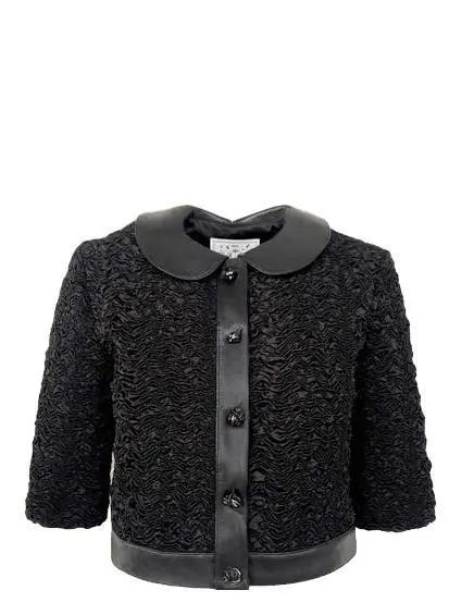 CONTESSA MILLS Lambskin-trim Cardigan With Brass Buttons - Black