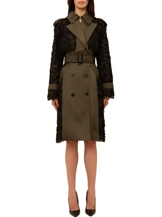 CONTESSA MILLS Lace-trimmed Cinched Trench Coat - Black