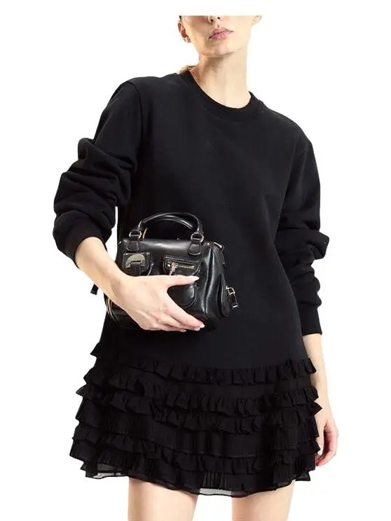 Cynthia Rowley Sweatshirt Georgette Ruffle Combo Dress - Black