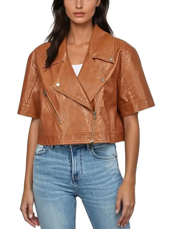 SISTERLY Romy Crop Faux Leather Moto Jacket - Cognac
