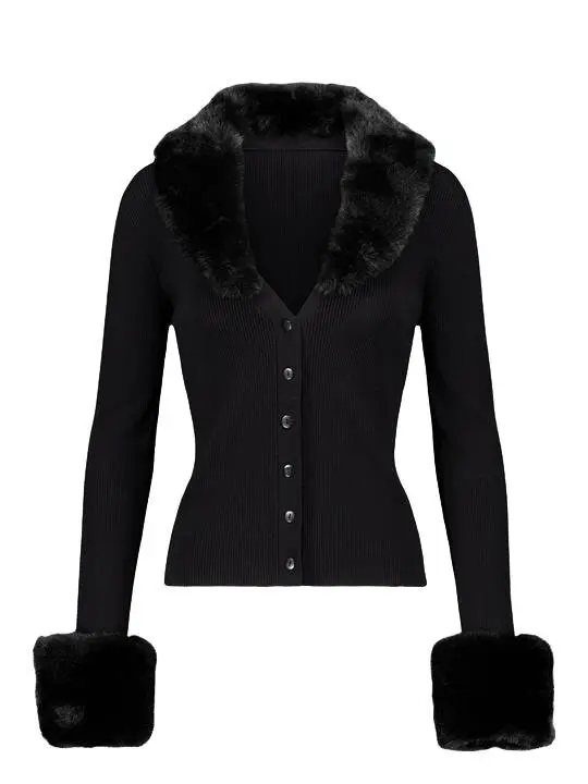SAEMDI Faux Fur Trimmed Cardigan - Black