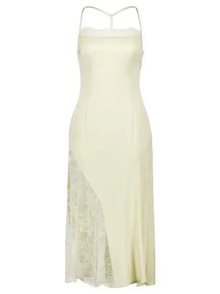 SAEMDI Lace Trim Midi Dress - Light Green/yellow