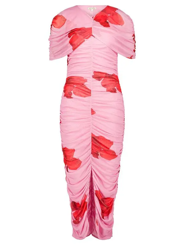SAEMDI Floral Draped Midi Dress With Cape - Pink Floral
