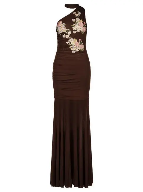 SAEMDI Embroidered One-shoulder Mesh Maxi Dress - Brown