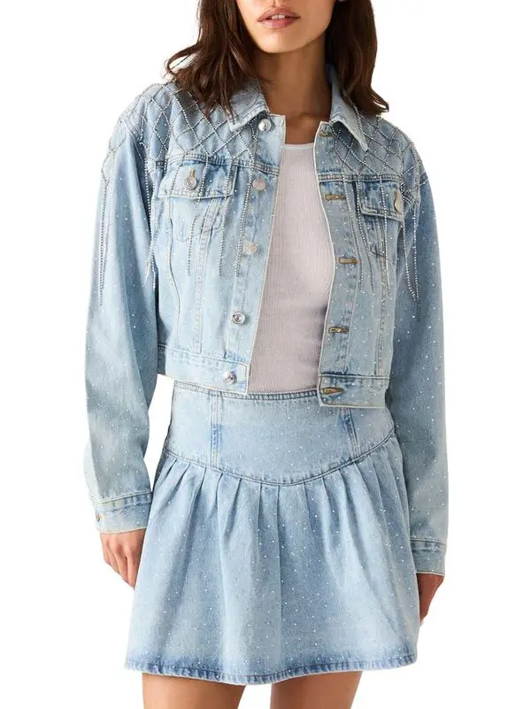 Steve Madden Rhinestone Fringe Denim Jacket - Delft Blue