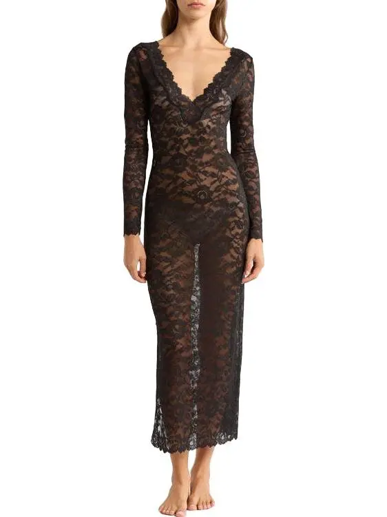 Natori Peony Lace Long Sleeve Gown - Black