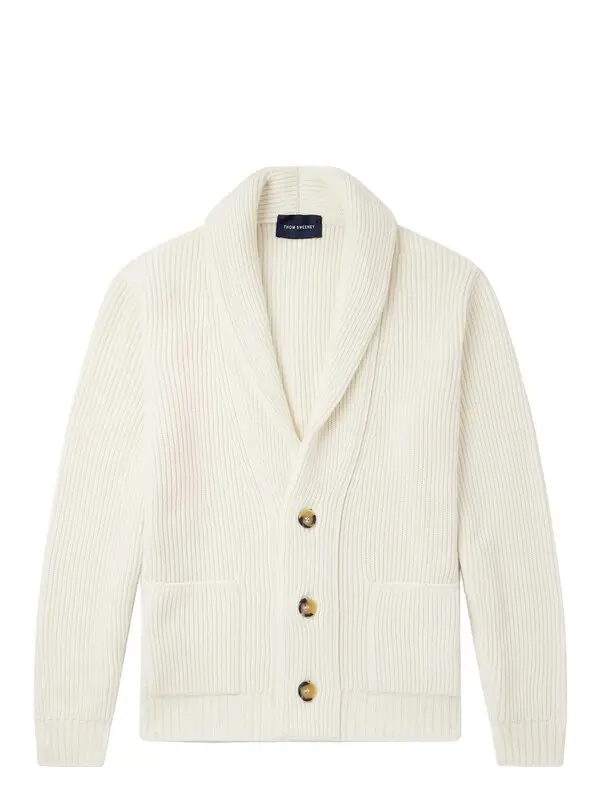 Thom Sweeney Shawl-collar Ribbed Wool Cardigan - White