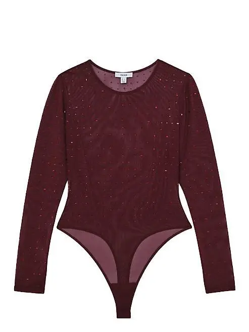 REISS Crystal-embellished Stretch-mesh Bodysuit - Red