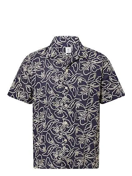 Paul Smith Floral-embroidered Short-sleeve Cotton-blend Shirt - Blue
