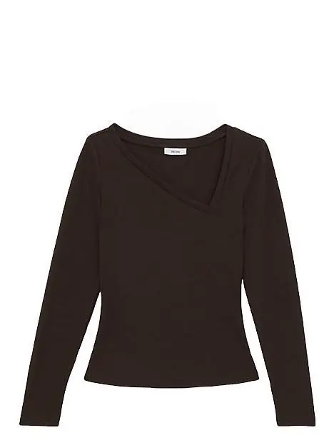 REISS Asymmetric-neck Stretch-cotton Top - Chocolate Brown