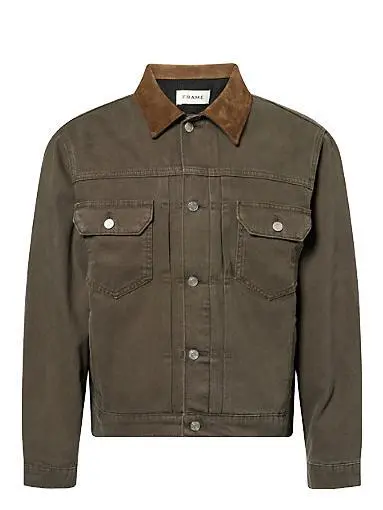 FRAME Suede-collar Cotton-canvas Trucker Jacket - Antique Dark Olive