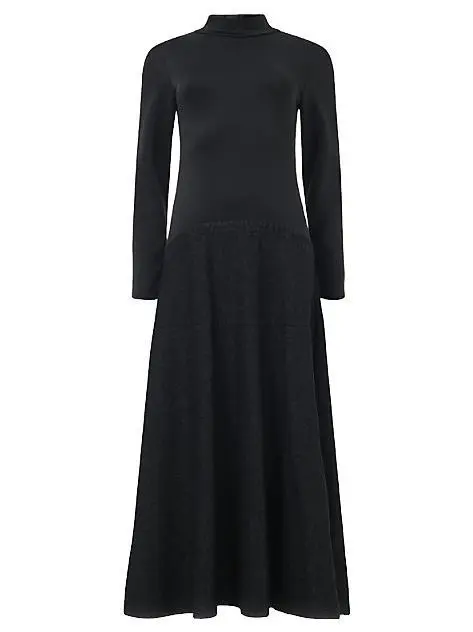 LEEM High-neck Textured-sleeve Midi Dress - Black