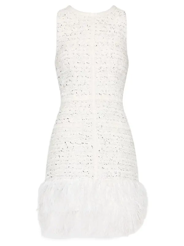 MILLY Raven Metallic Tweed Mini Dress With Feathered Hem - White/silv