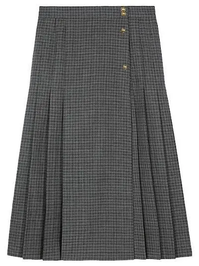 The Kooples Checked Wool Midi Skirt With Button Embellishment - Light Grey Mel/white