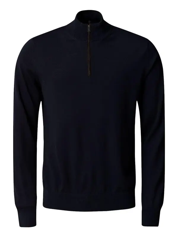 Eton Leather-trim Wool Quarter-zip Knit Sweater - Navy