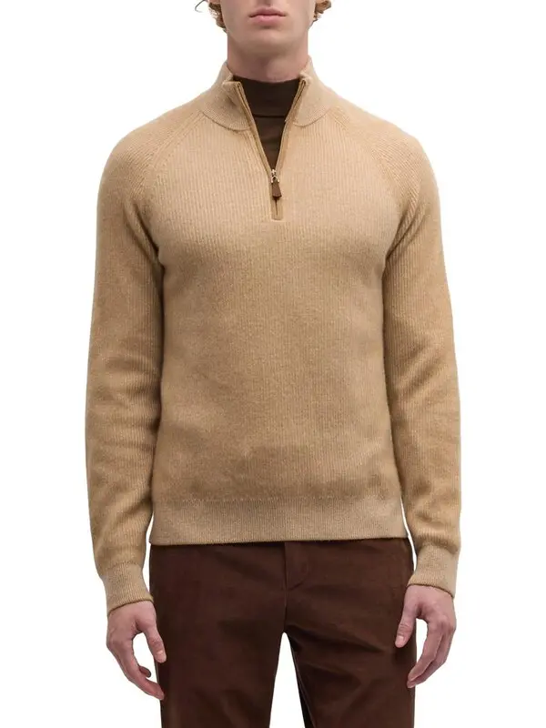 Neiman Marcus Ribbed Quarter Zip Cashmere Sweater - Camel