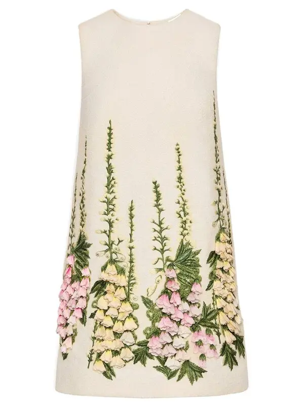 Oscar De La Renta Foxglove Embroidered Tweed Shift Dress - White