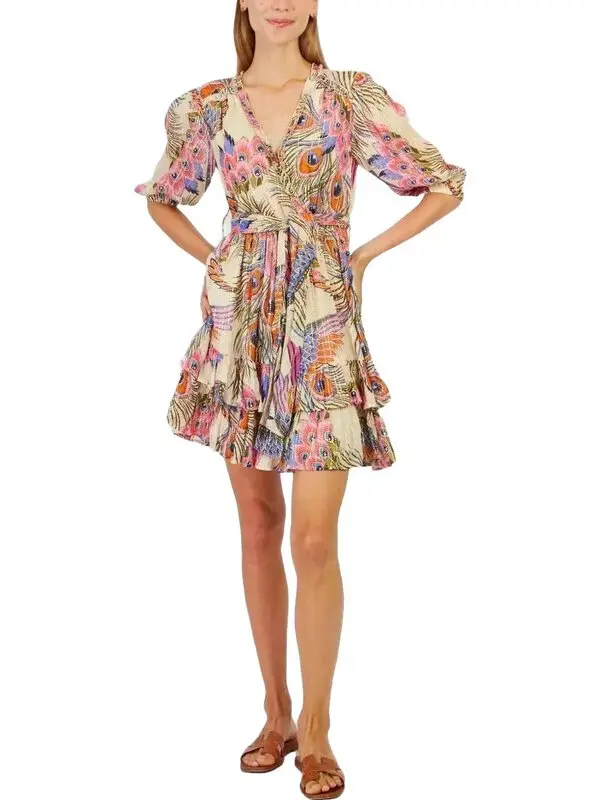 Derhy Peacock-print Puff-sleeve Mini Dress - Neutrals