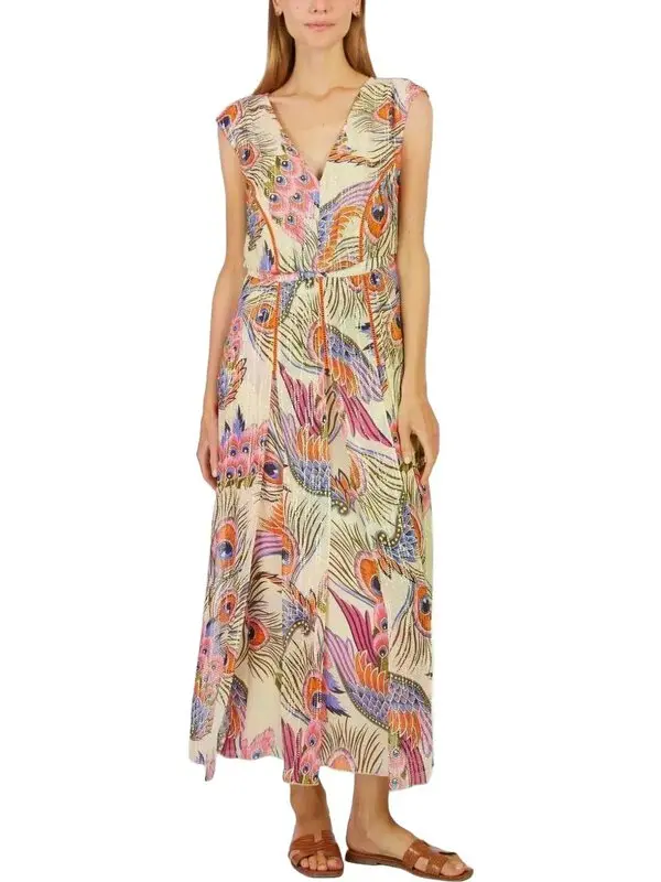 Derhy Feather Print Midi Dress - Neutrals