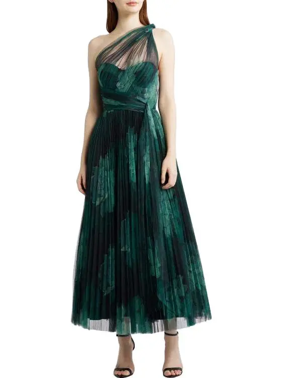 HUTCH Philippa One-shoulder Gown - Forest Tonal Sketched Floral